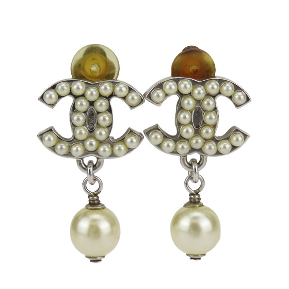 CHANEL | Jewelry | Chanel Chanel Metal Fake Pearl Earrings Silver Metal ...